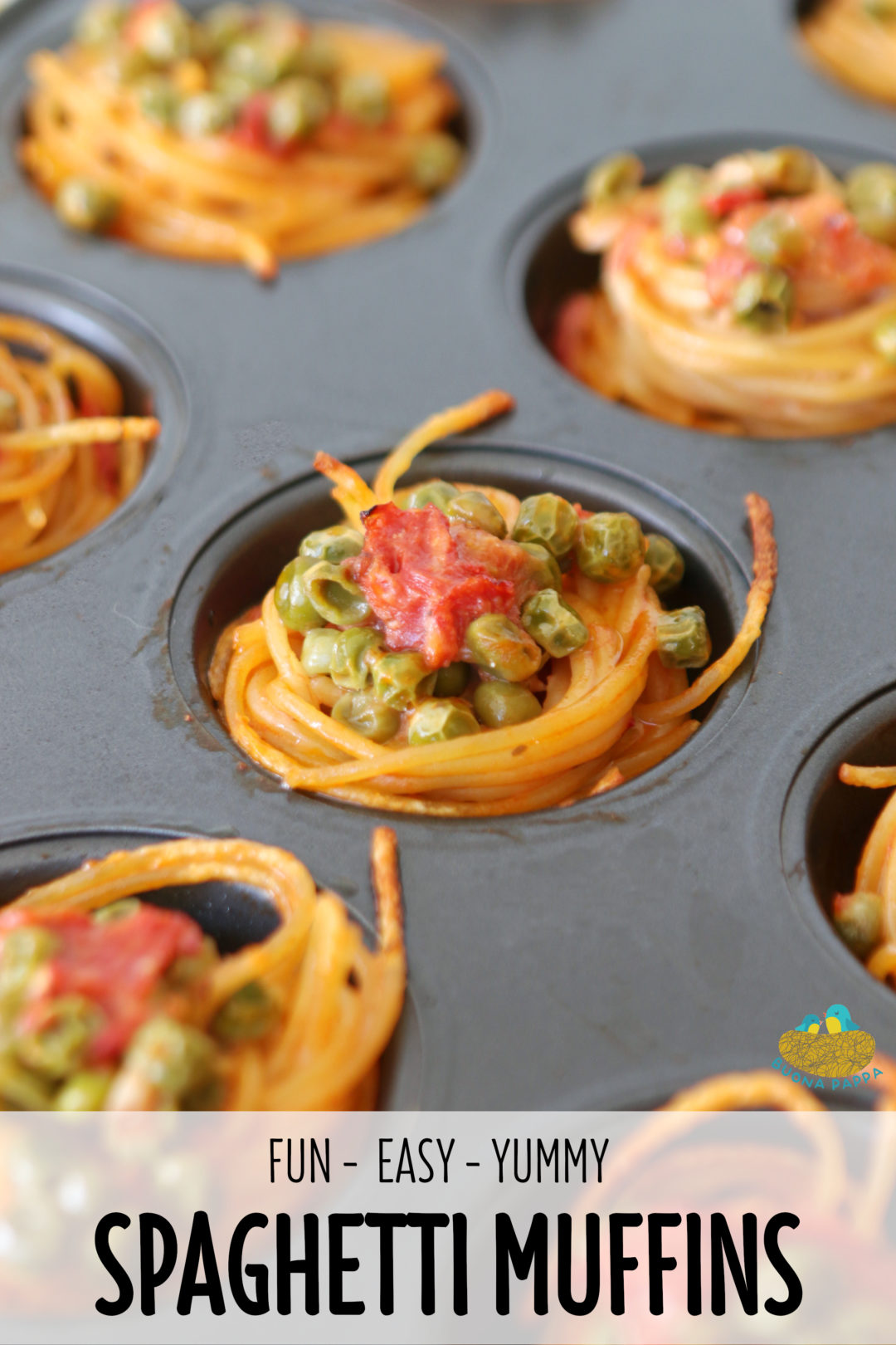 Spaghetti Muffins with Sweet Peas and Tomatoes | Buona Pappa